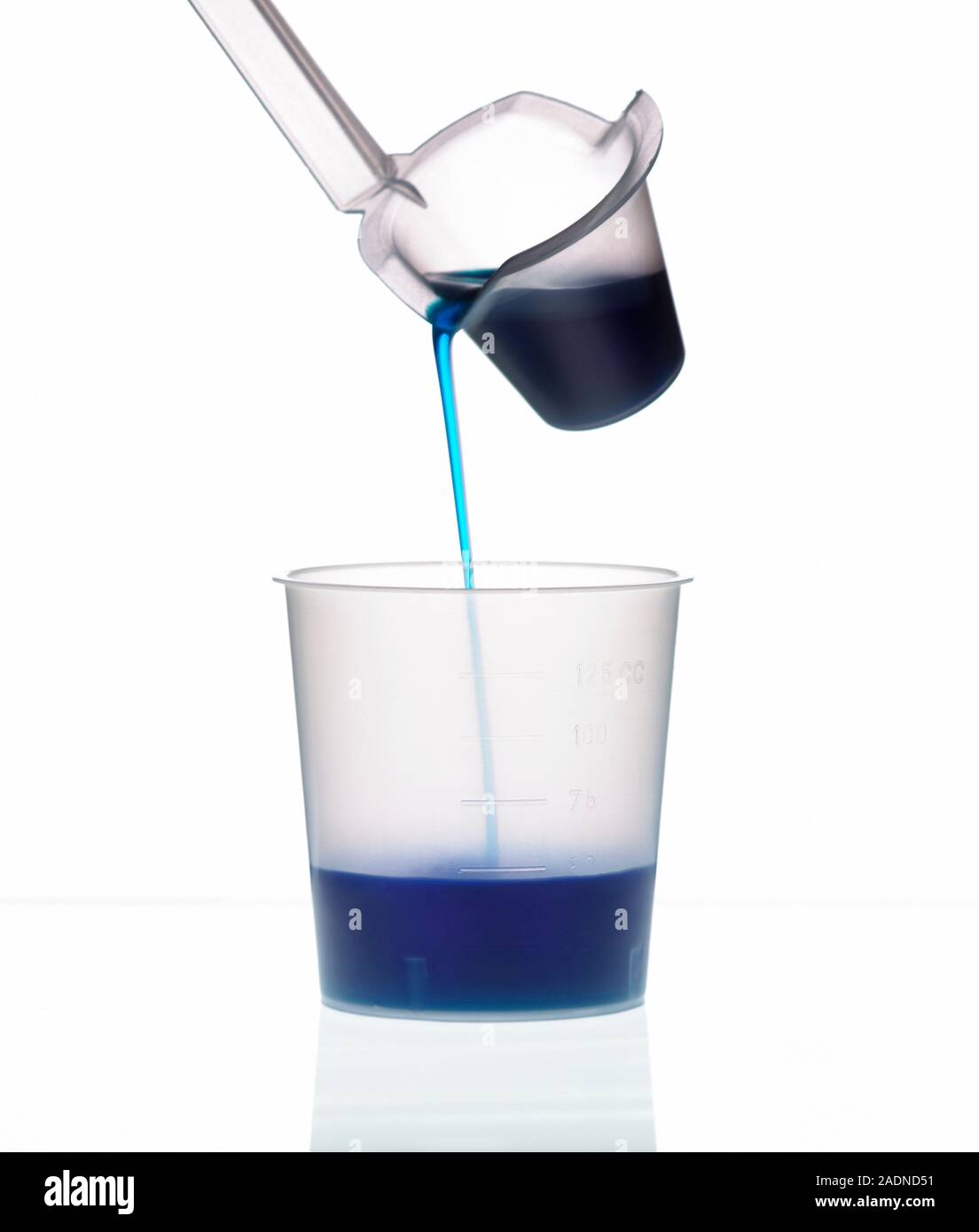 Liquid measurement. Sample of blue liquid being poured from a scoop ...