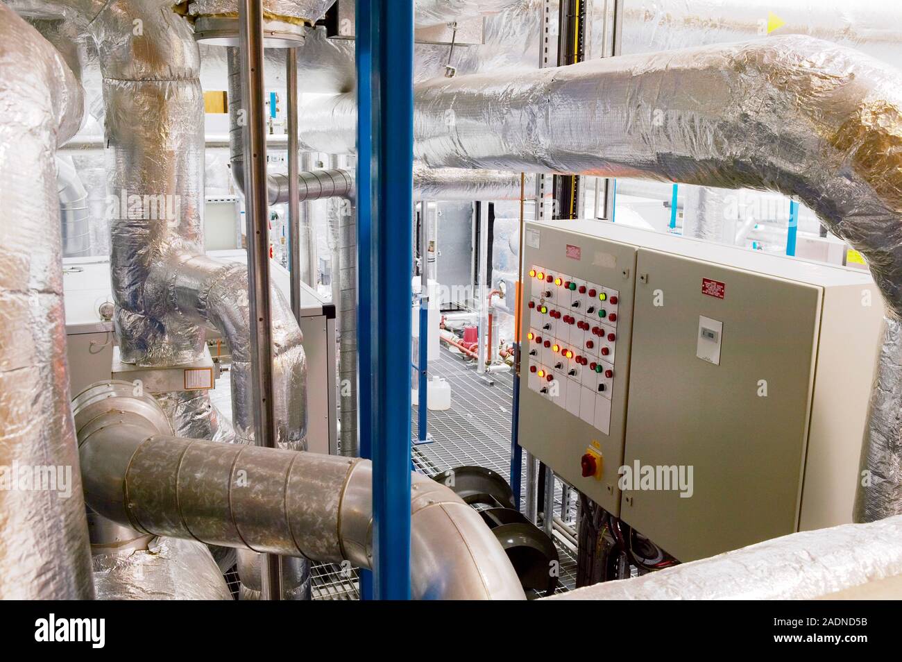 Clean room ventilation apparatus. Control panel and ventilation pipes ...