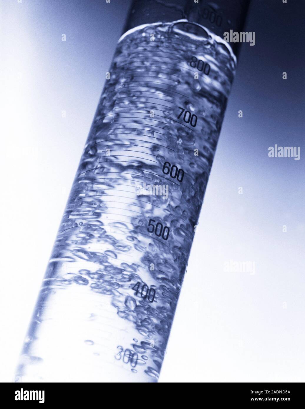 Graduated cylinder. Increments on a measuring cylinder containing a ...