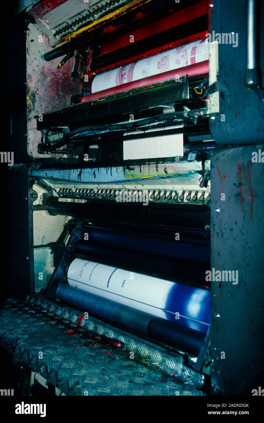 Newspaper production on a modern printing press. This is the rear of ...