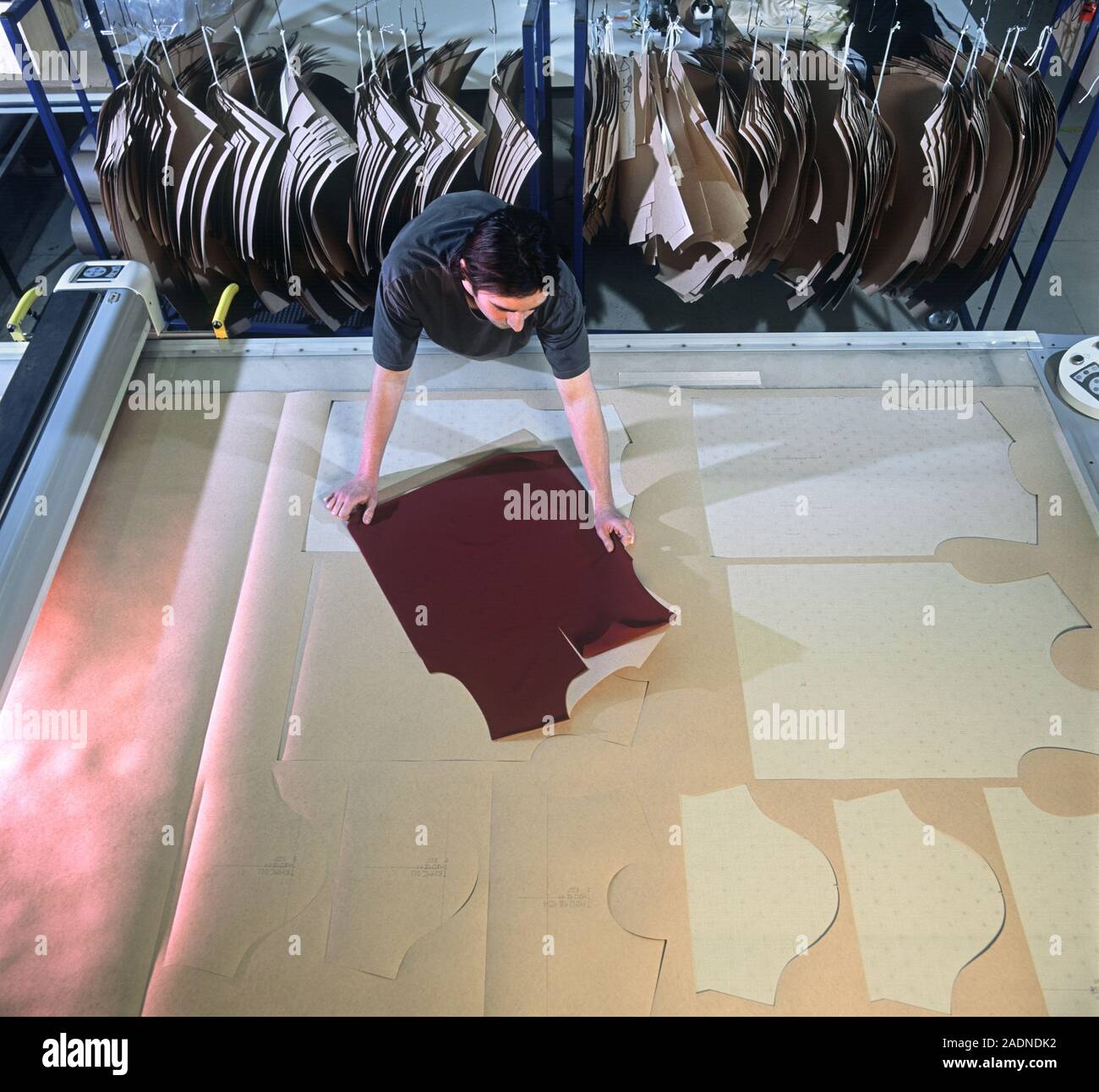 Textile industry. Clothing templates being used at a textile factory to ...