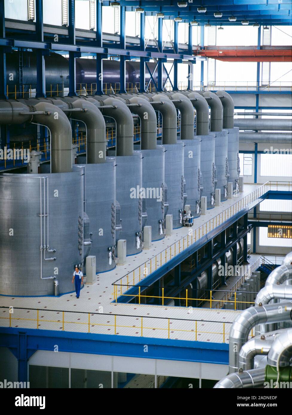 Sugar factory. Boiling machines used to boil sugar cane juice down to a ...