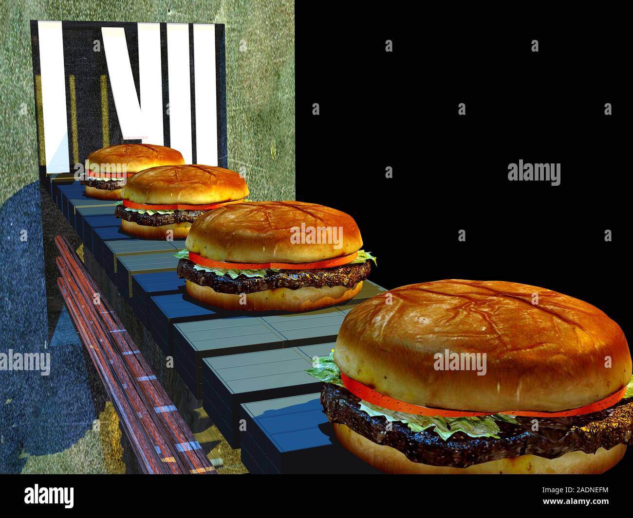 Burger factory. Computer artwork of a factory producing burgers Stock ...
