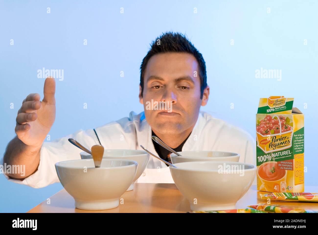 Nestle product research. Taster preparing to test a range of food ...