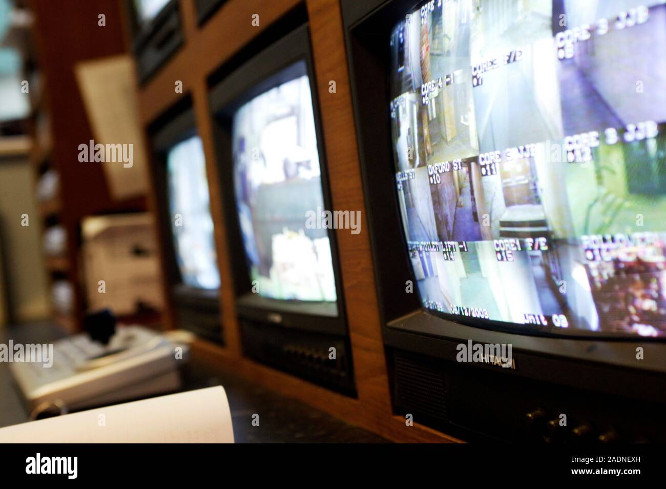 Security surveillance. Bank of surveillance monitors transmitting ...