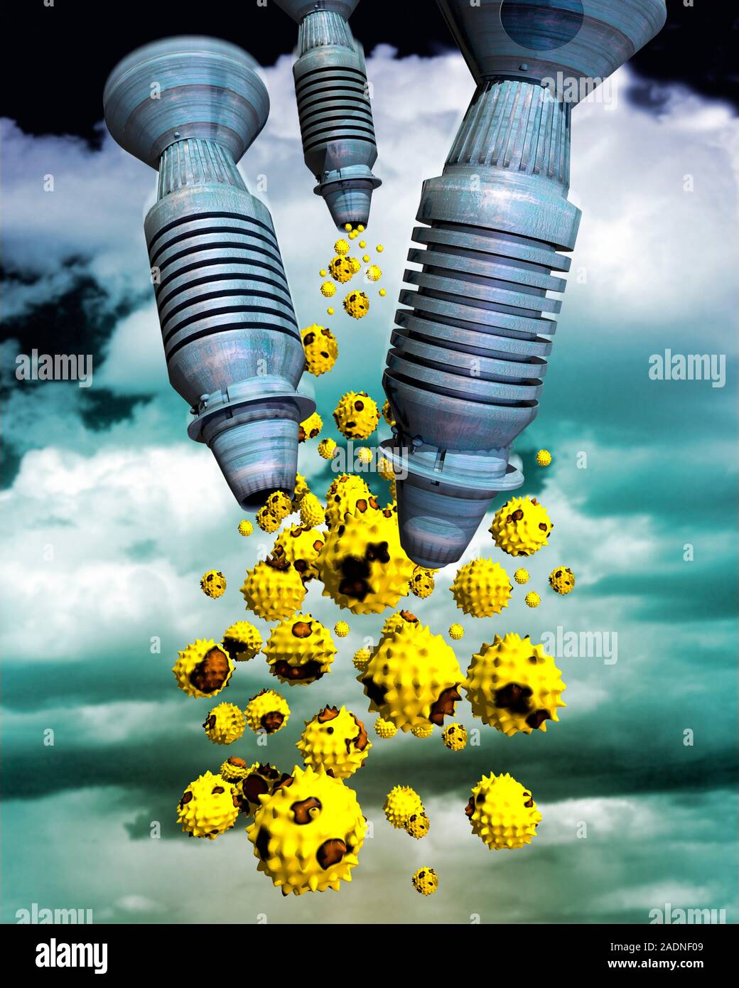 Biological warfare. Conceptual computer artwork of bombs releasing ...