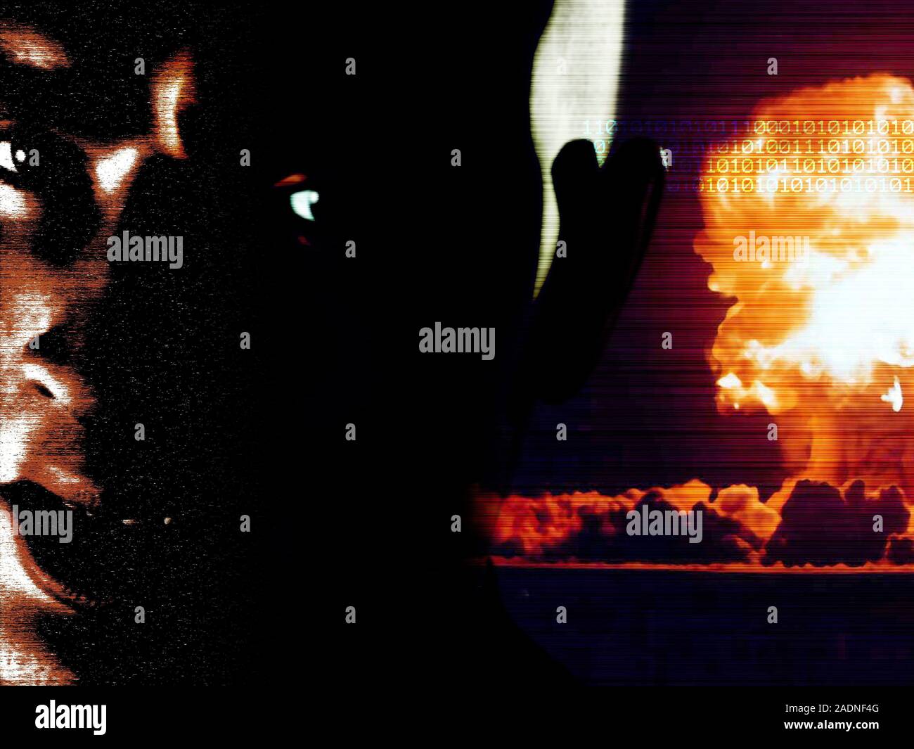 Nuclear terrorism. Conceptual computer artwork of the face of a scared ...