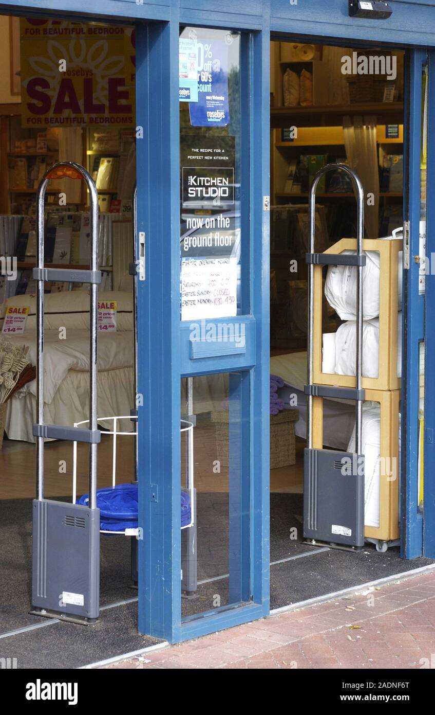 Shoplifting detectors. These antennas at the exit doors of a shop are ...