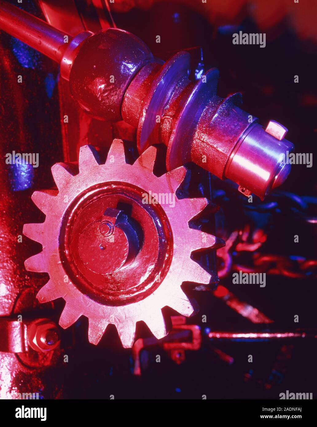 Traction engine's gear. Close-up of a worm gear on the steering column ...