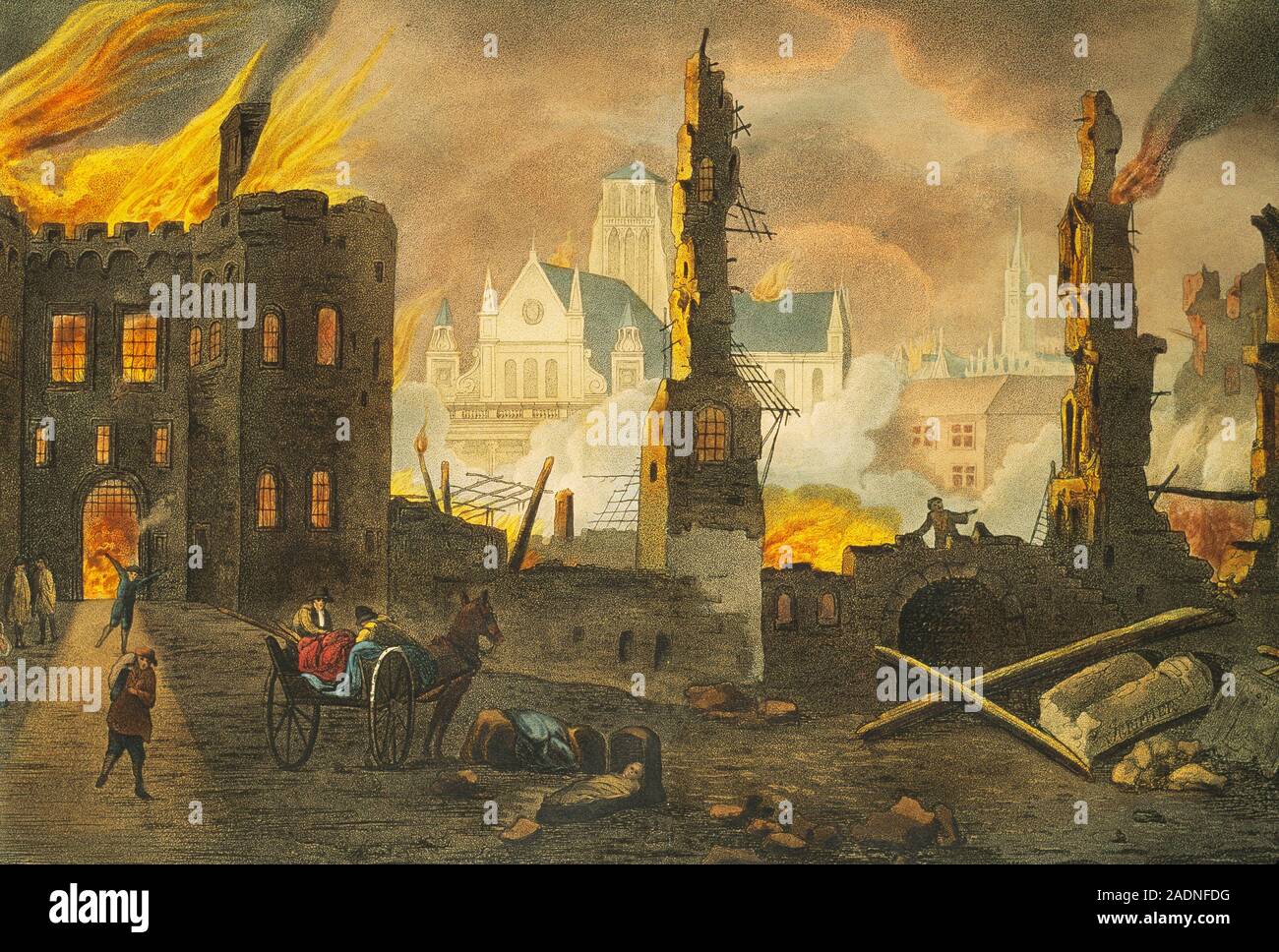 Great Fire of London. Coloured etching of the Great Fire of London ...