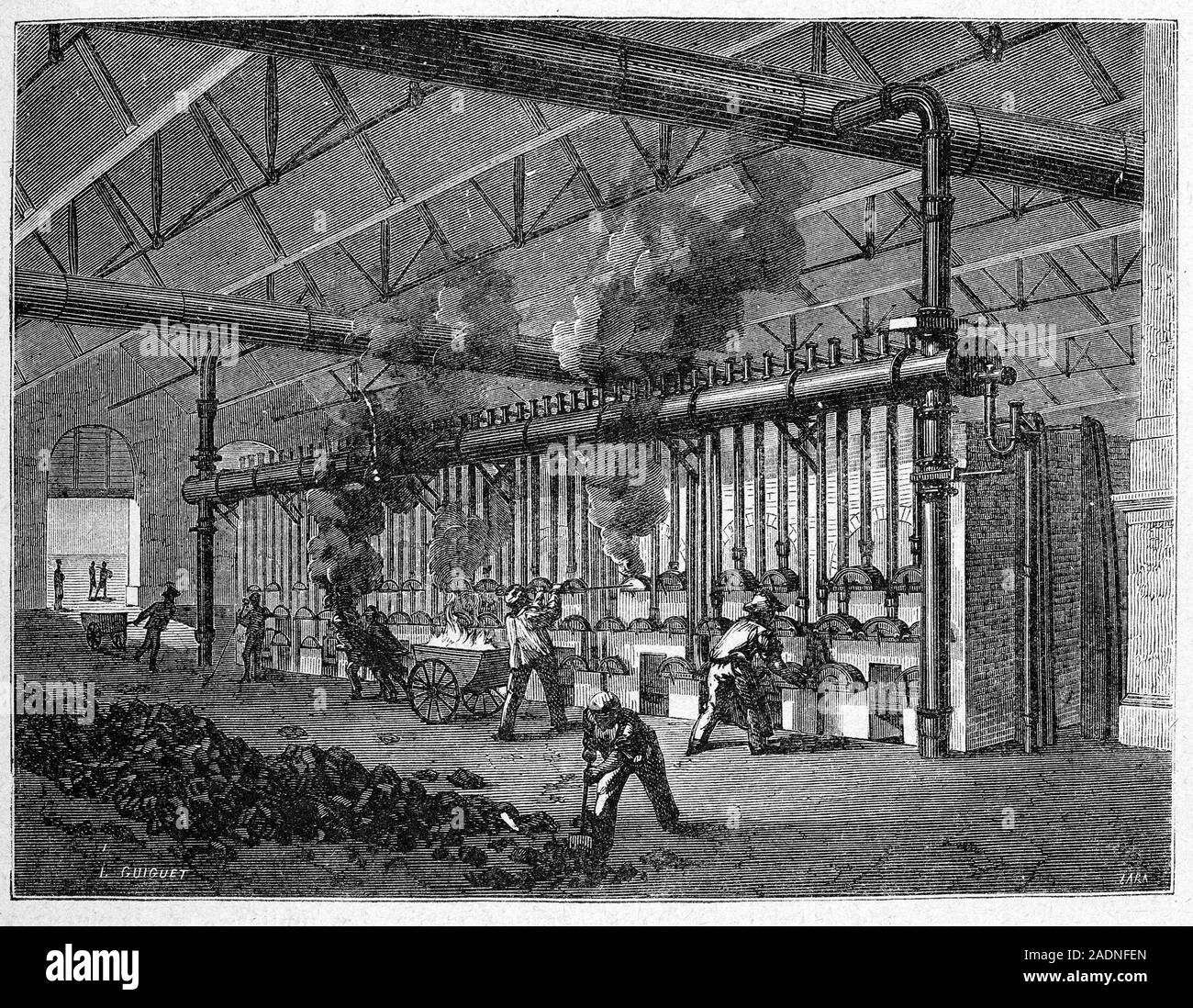 19th century production of coal gas, historical artwork. Workers at ...