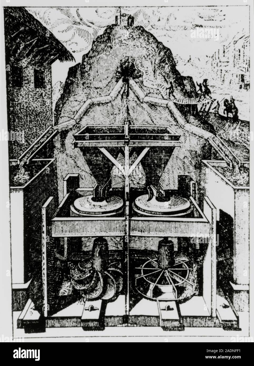 Water powered mill. Engraving of a water powered mill which uses ...