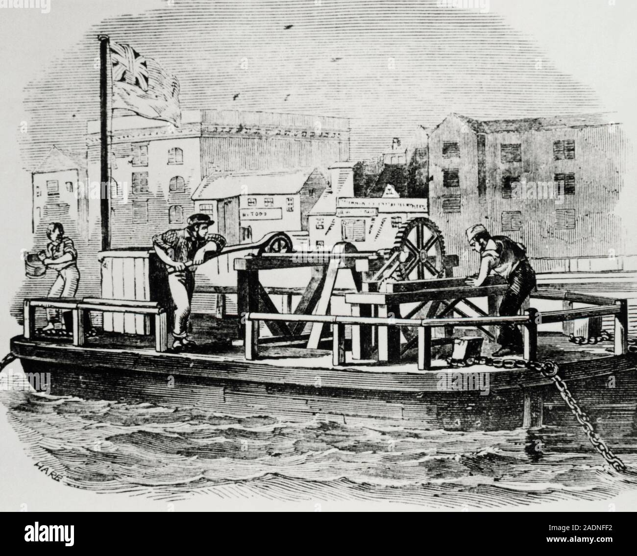 Water-powered mill. Engraving of a water-powered mill during the 19th ...