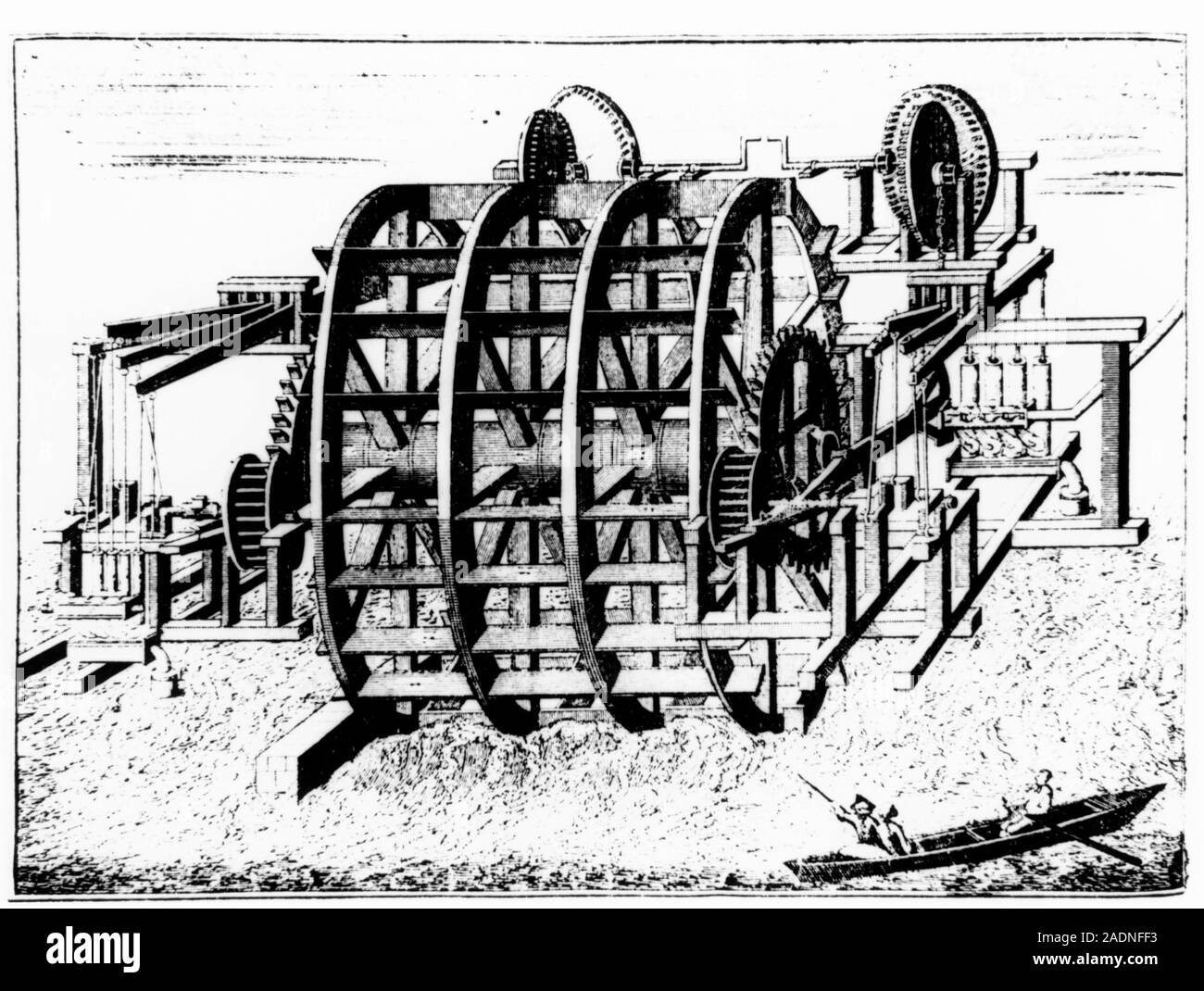 Water wheel. Engraving of a water wheel in the 18th century. The wheel ...