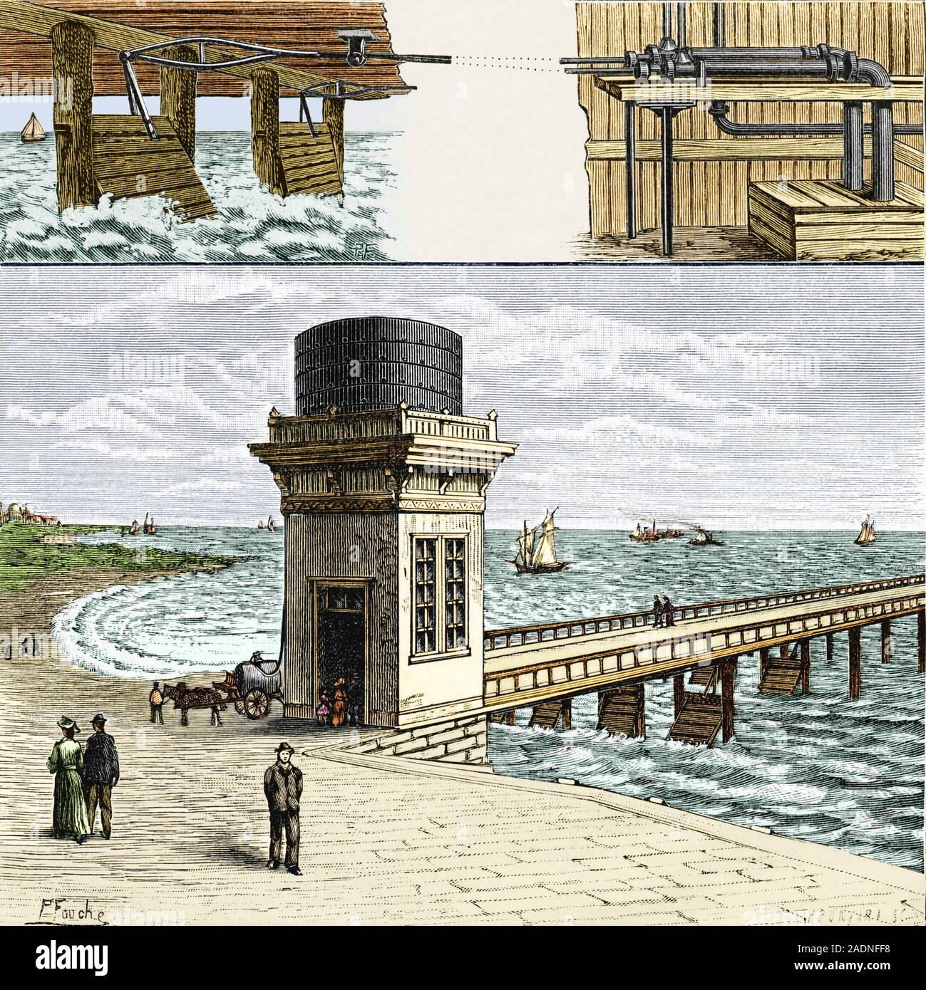 19th-century wave power. Historical artwork of the wave-powered pumping ...