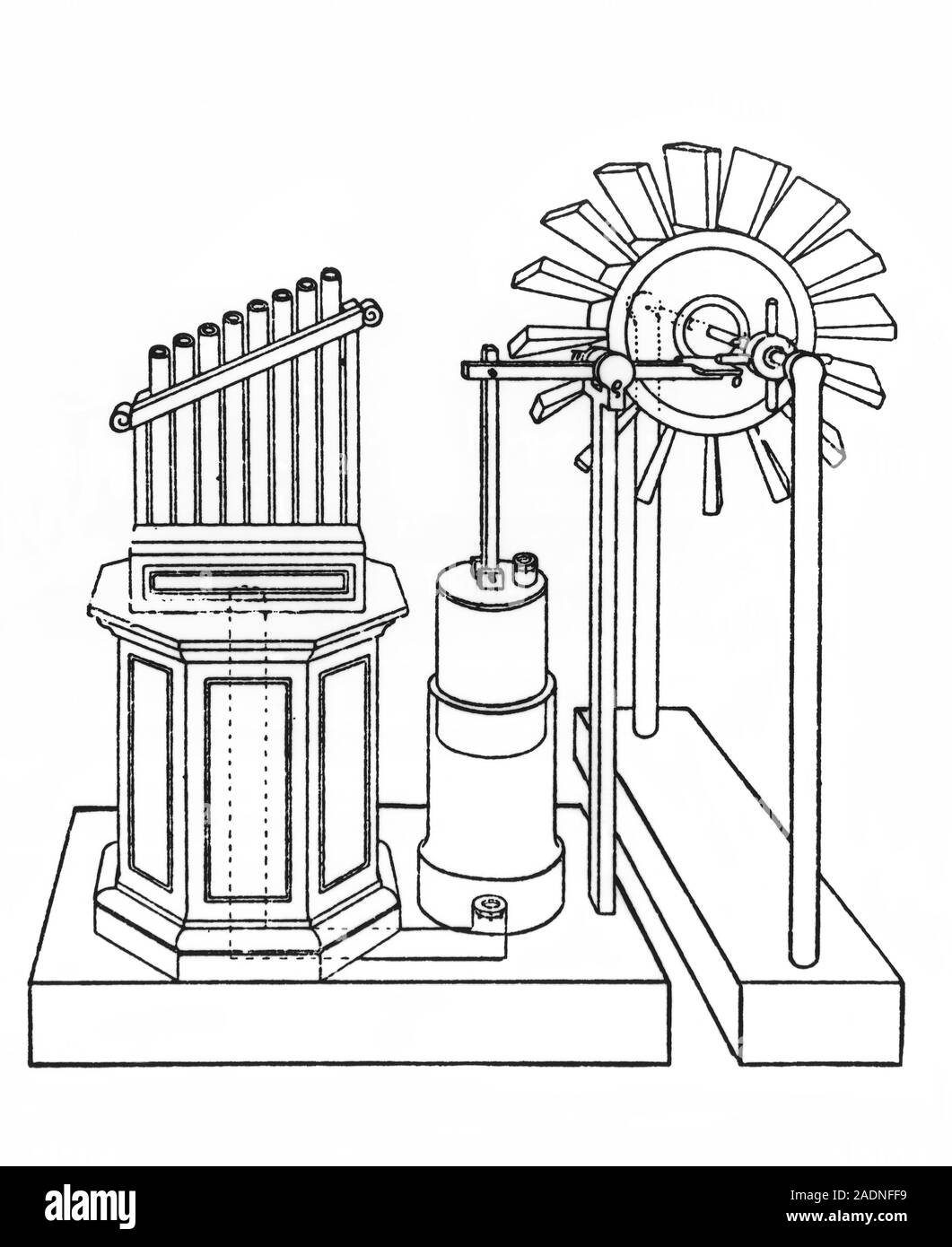 Wind-powered organ. Diagram of a musical organ powered by a windmill ...