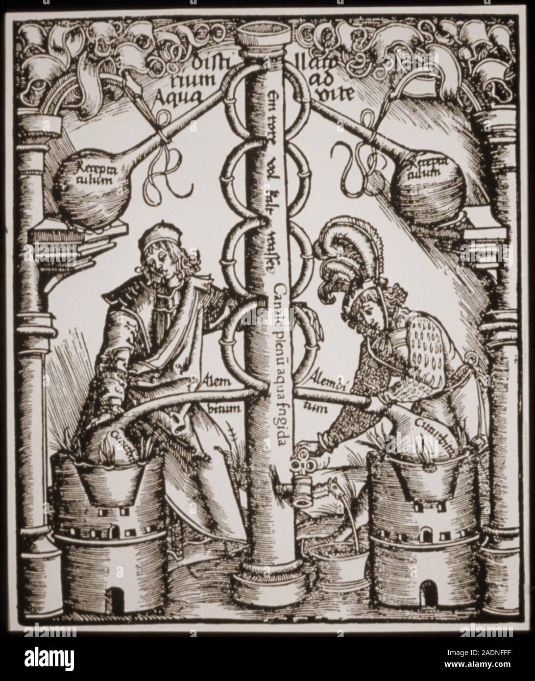 Illustration of a sixteenth century alcohol distillation set up showing ...