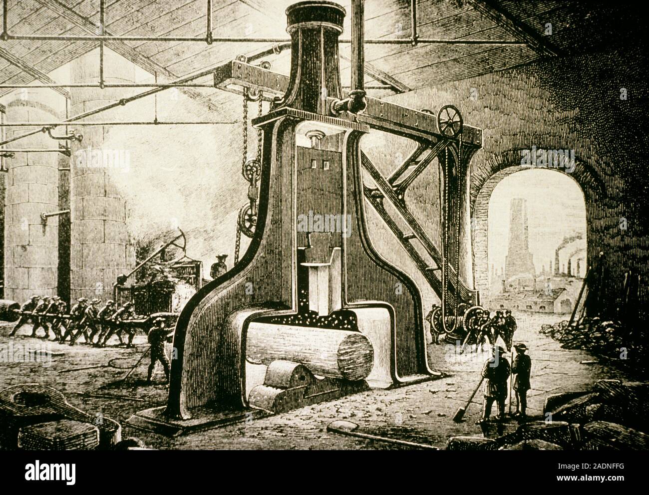 Painting by James Nasmyth (1808-1890) of a steam hammer, which allowed ...
