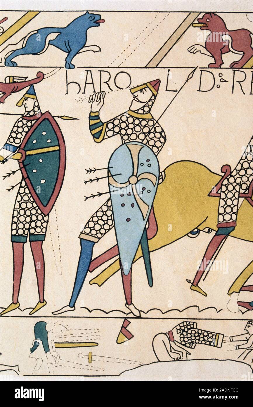 Bayeux Tapestry Scene. King Harold at the Battle of Hastings, October ...