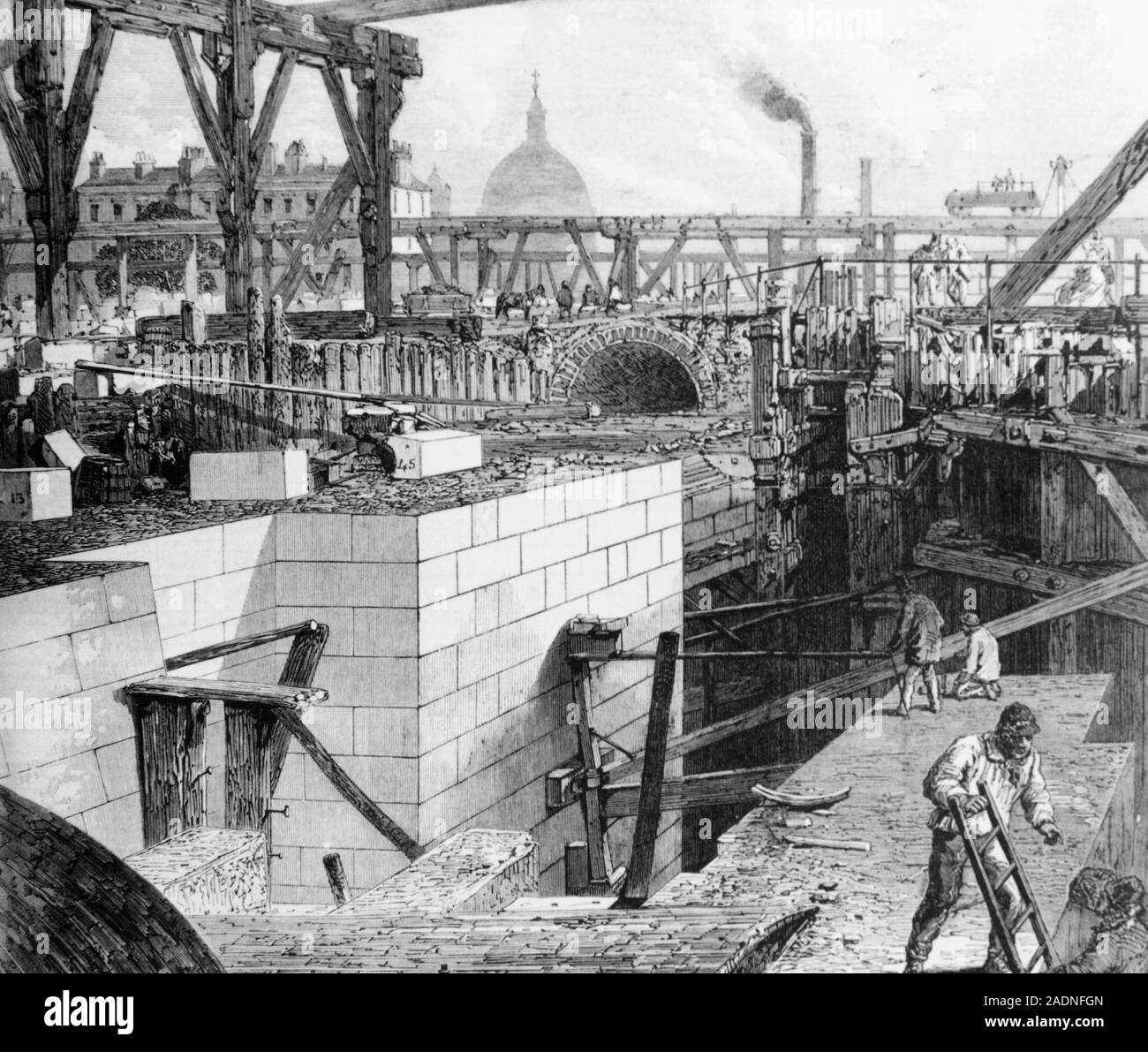 River embankment construction. Engraving of a river embankment being ...