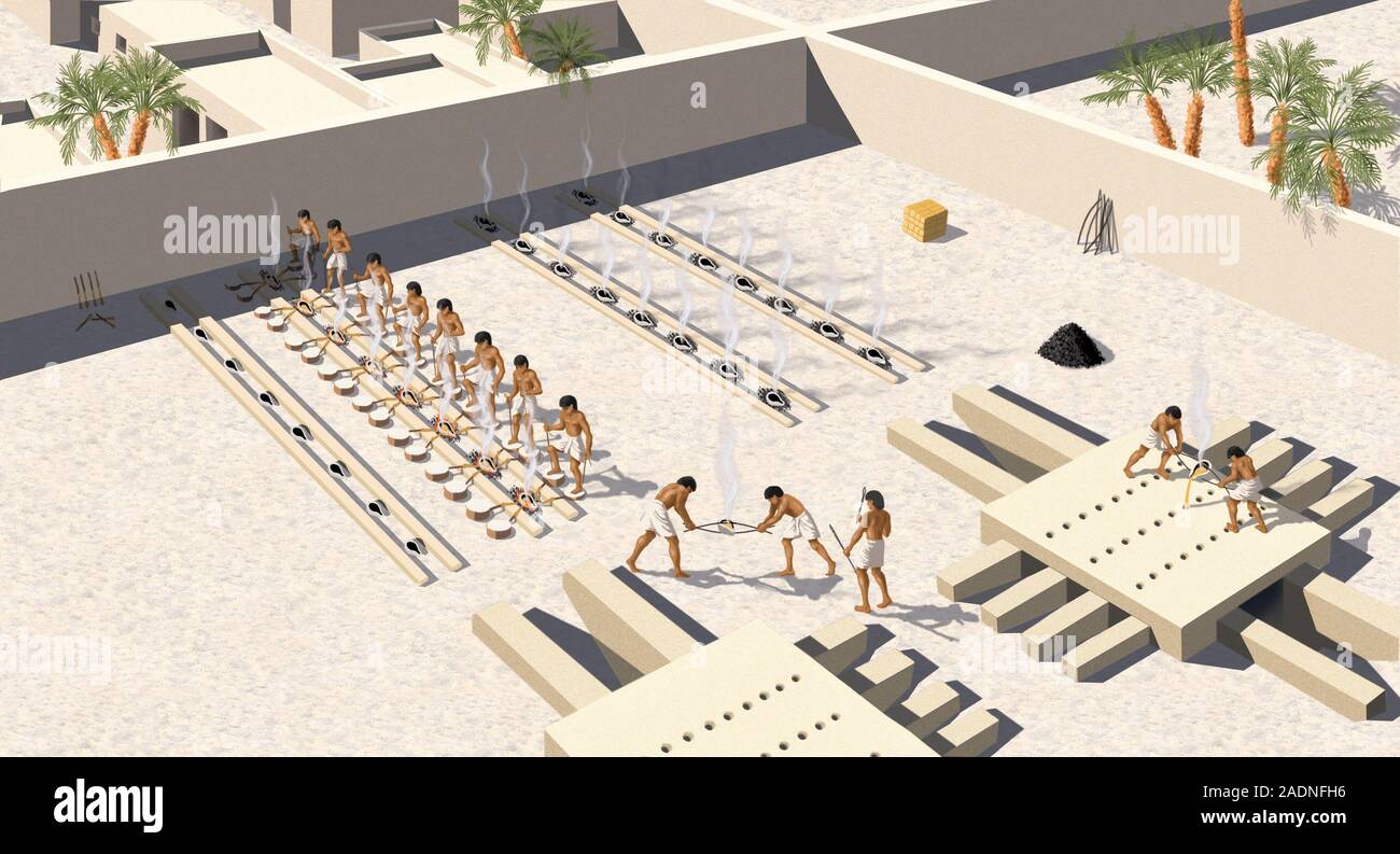 Ancient Egyptians smelting. Computer illustration of ancient Egyptians ...
