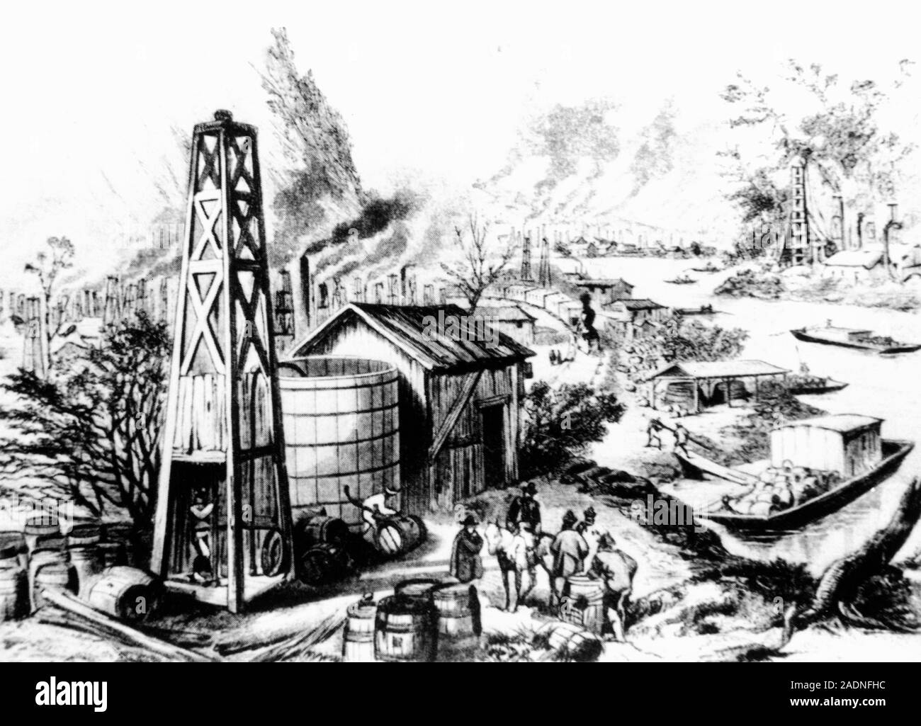 19th century oil industry. Artwork of an oil well in Pennsylvania, USA ...