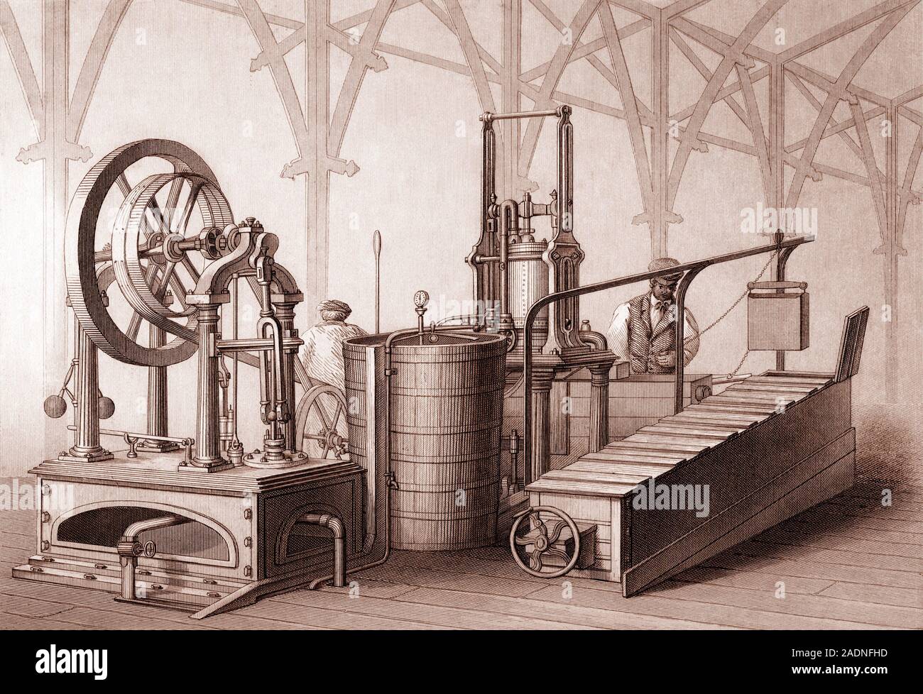 Ice-making machine, 19th century artwork. This steam-powered machine ...