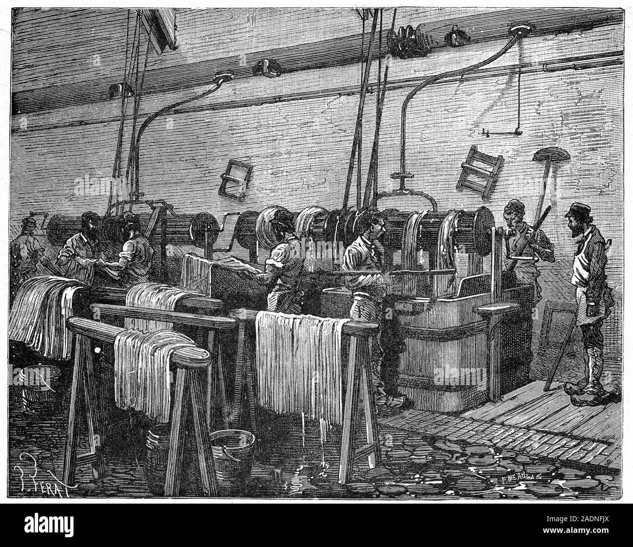 19th century laundry house. Historical artwork showing the laundry vats ...