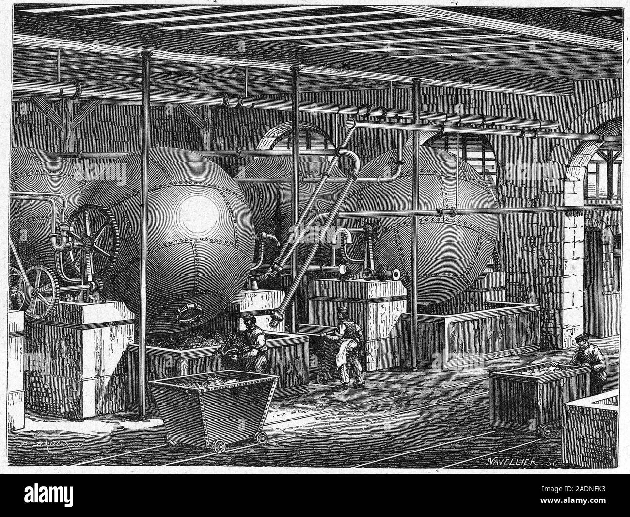 Paper making. Historical artwork of rotary boilers in a paper mill ...