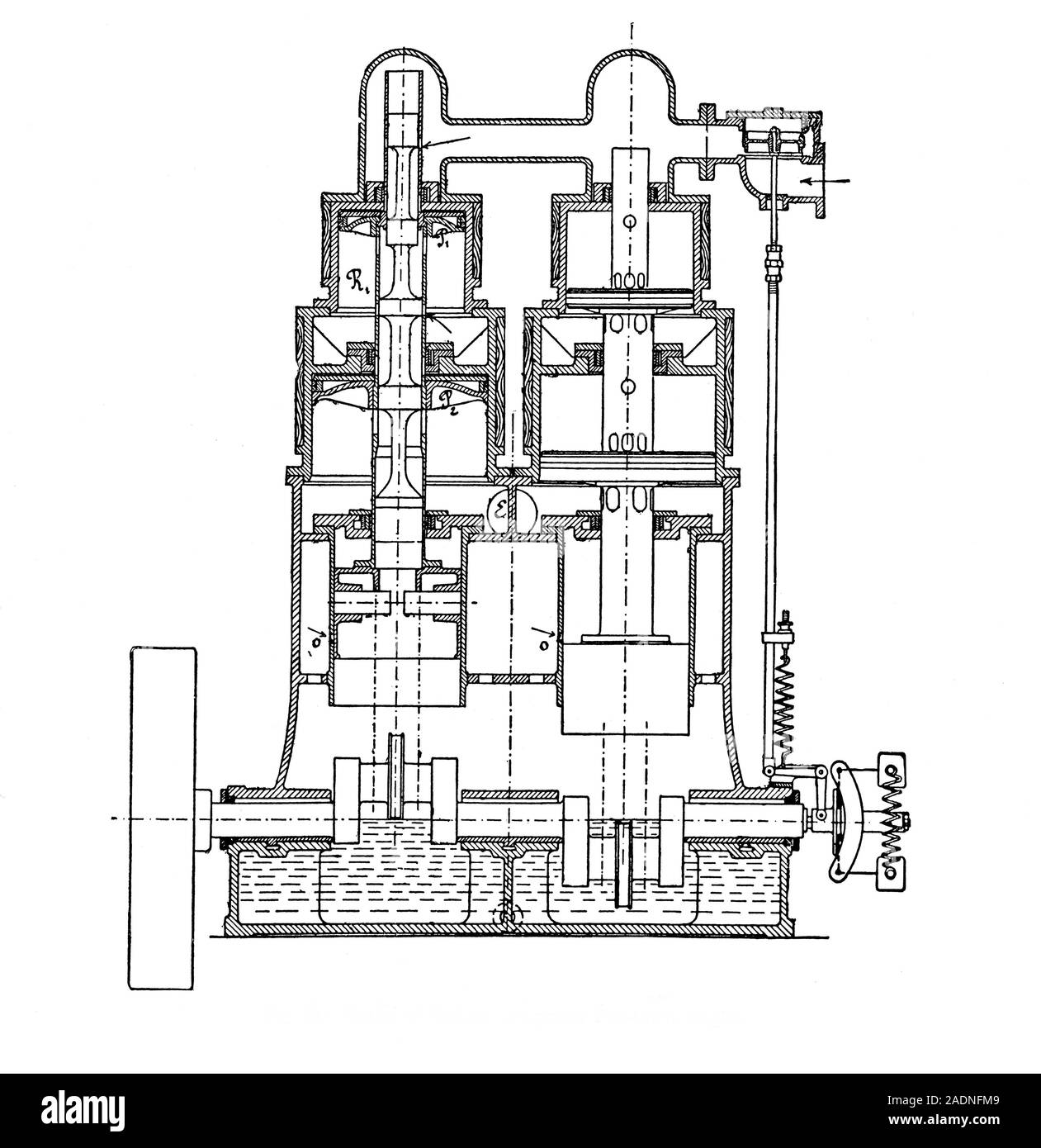 Willans steam engine. Diagram of a cross-section through a Willans two-crank steam engine ...
