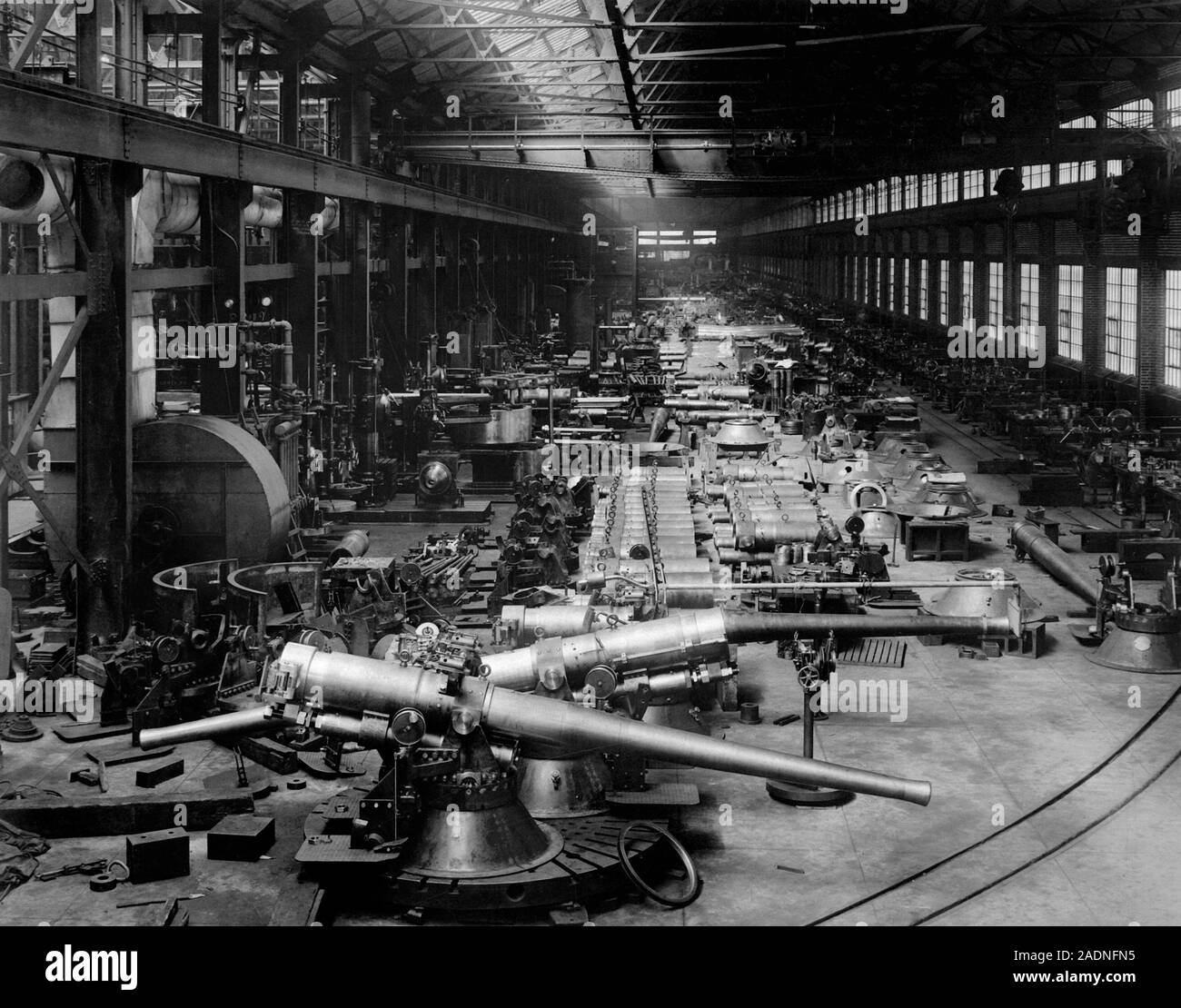 First World War munitions factory. Artillery guns and their mounts ...