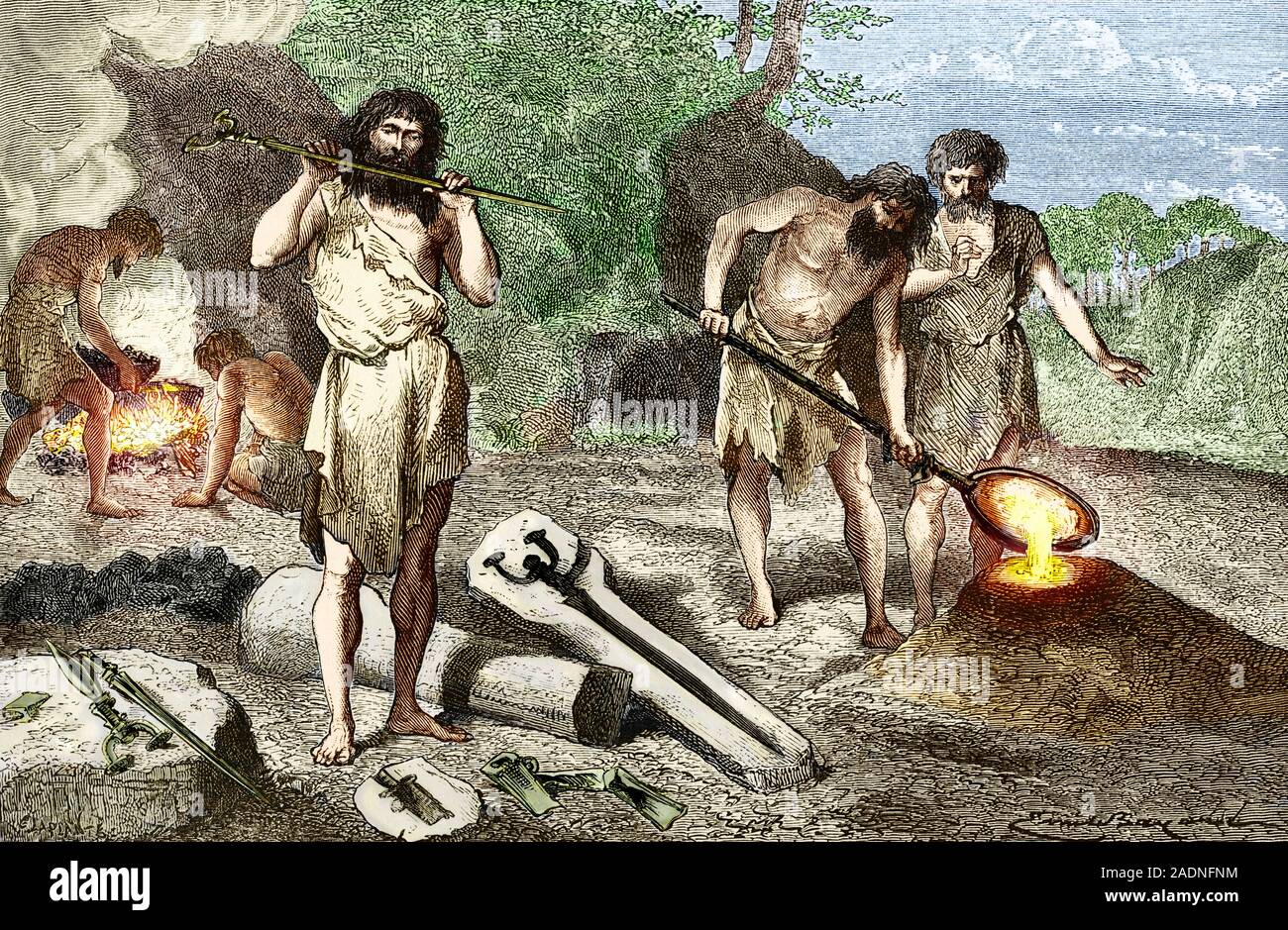Early humans smelting and working bronze, coloured artwork. Bronze is ...