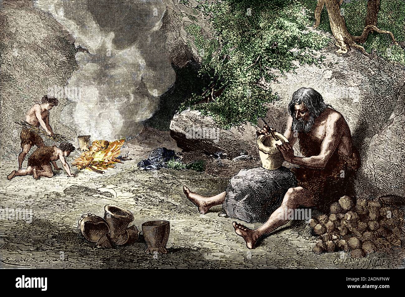 Early humans making pottery, coloured artwork. Clay was one of the ...