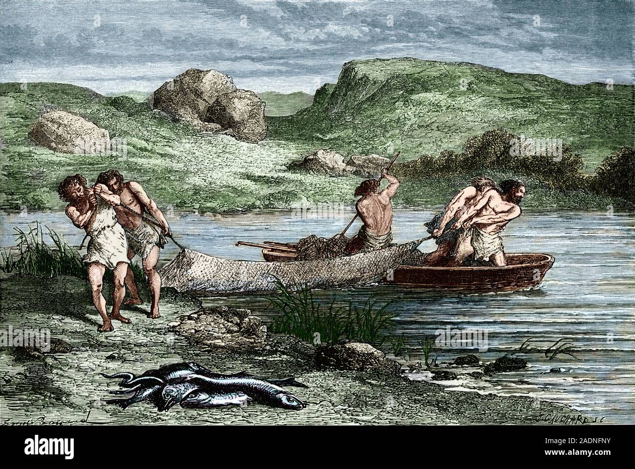 Early humans fishing. Coloured artwork of early humans using a dugout ...