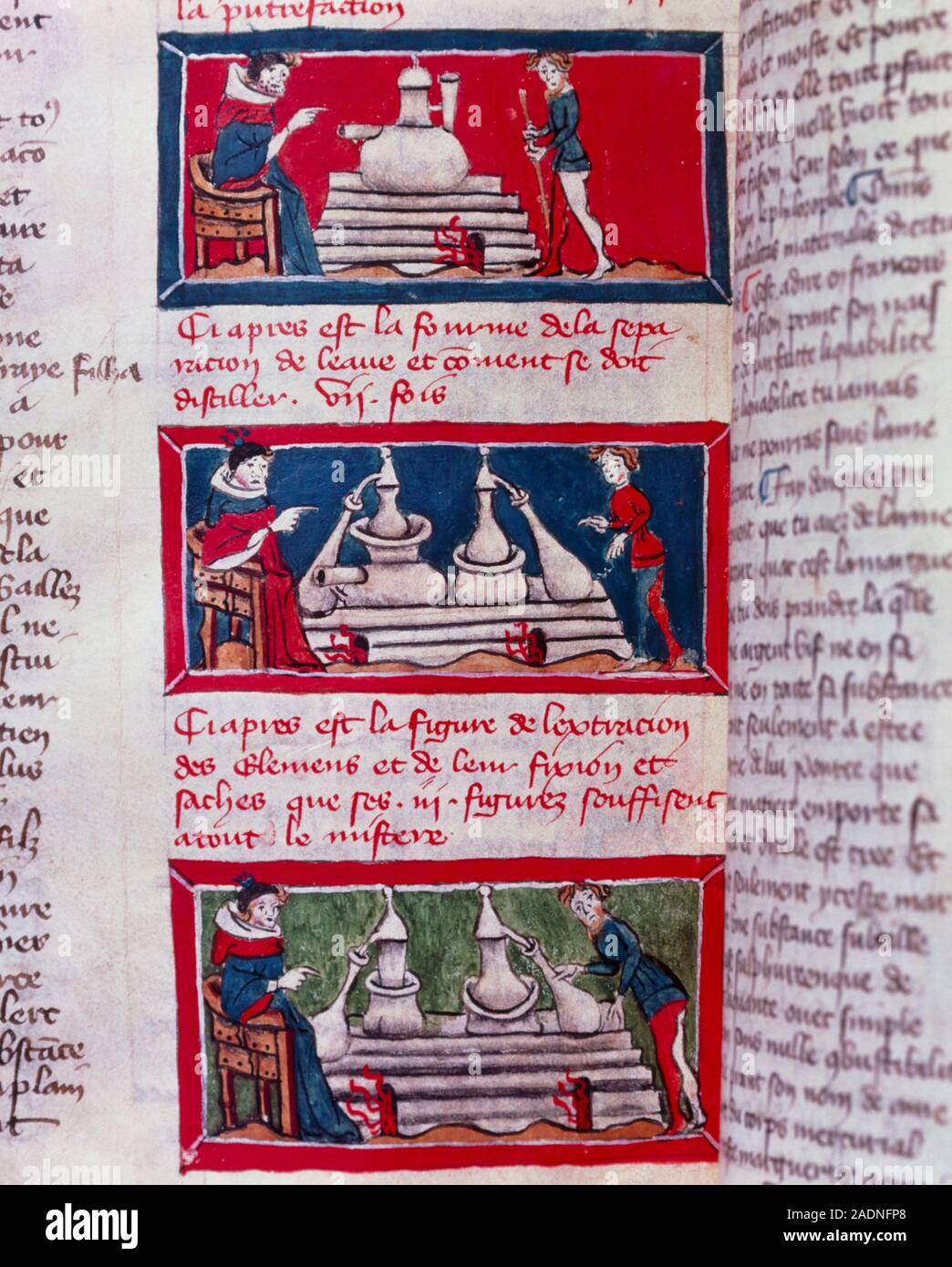 Medieval alchemy. Three medieval illustrations of alchemists using ...