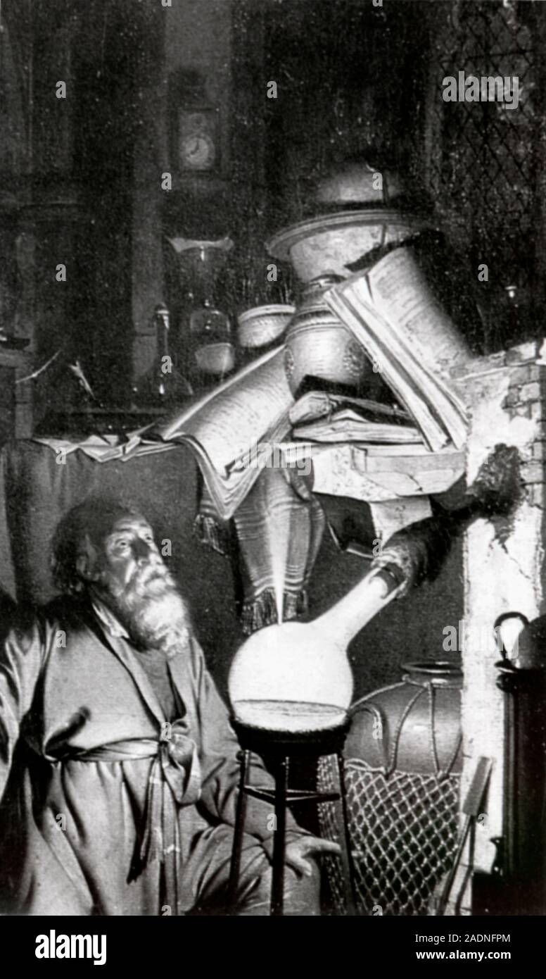 Alchemy. Historical artwork of an alchemist discovering phosphorus ...