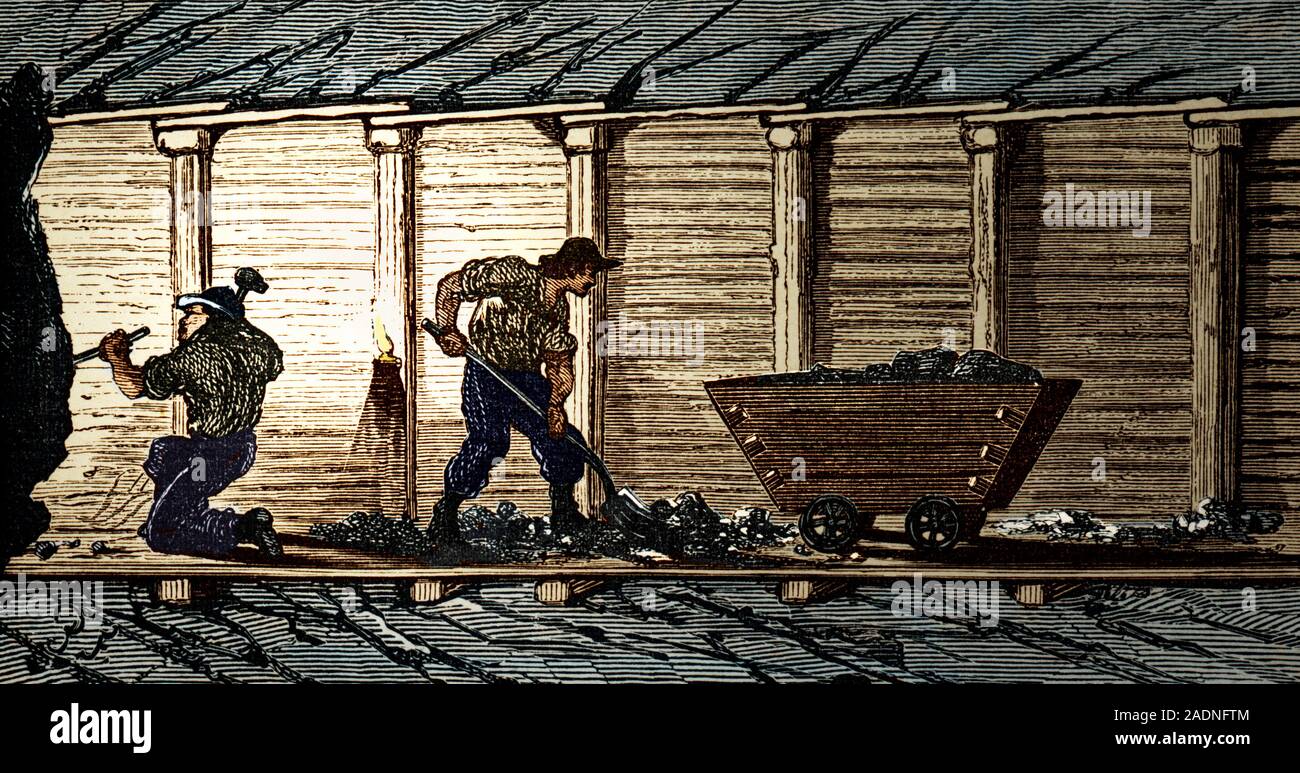 Miners in a timbered tunnel. Historical artwork of workers in a 19th ...