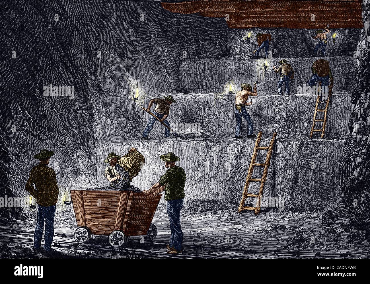 19th-century step mining, Prussia. Artwork of miners excavating ore ...