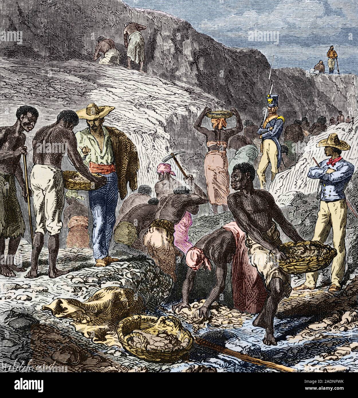 19th-century diamond mining, Brazil. Artwork of African slave workers ...