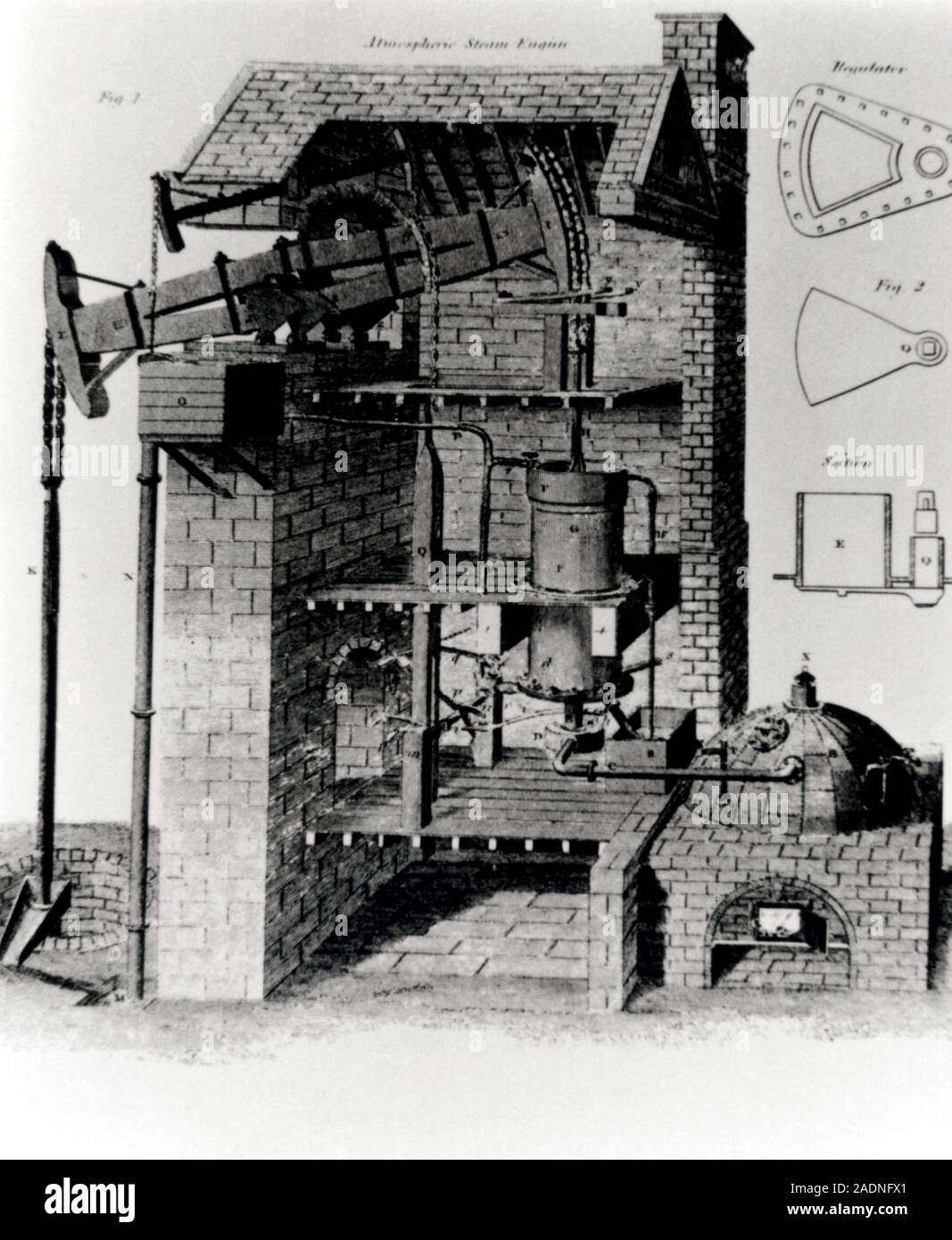 Newcomen's steam engine. Engraving of Newcomen's atmospheric steam ...