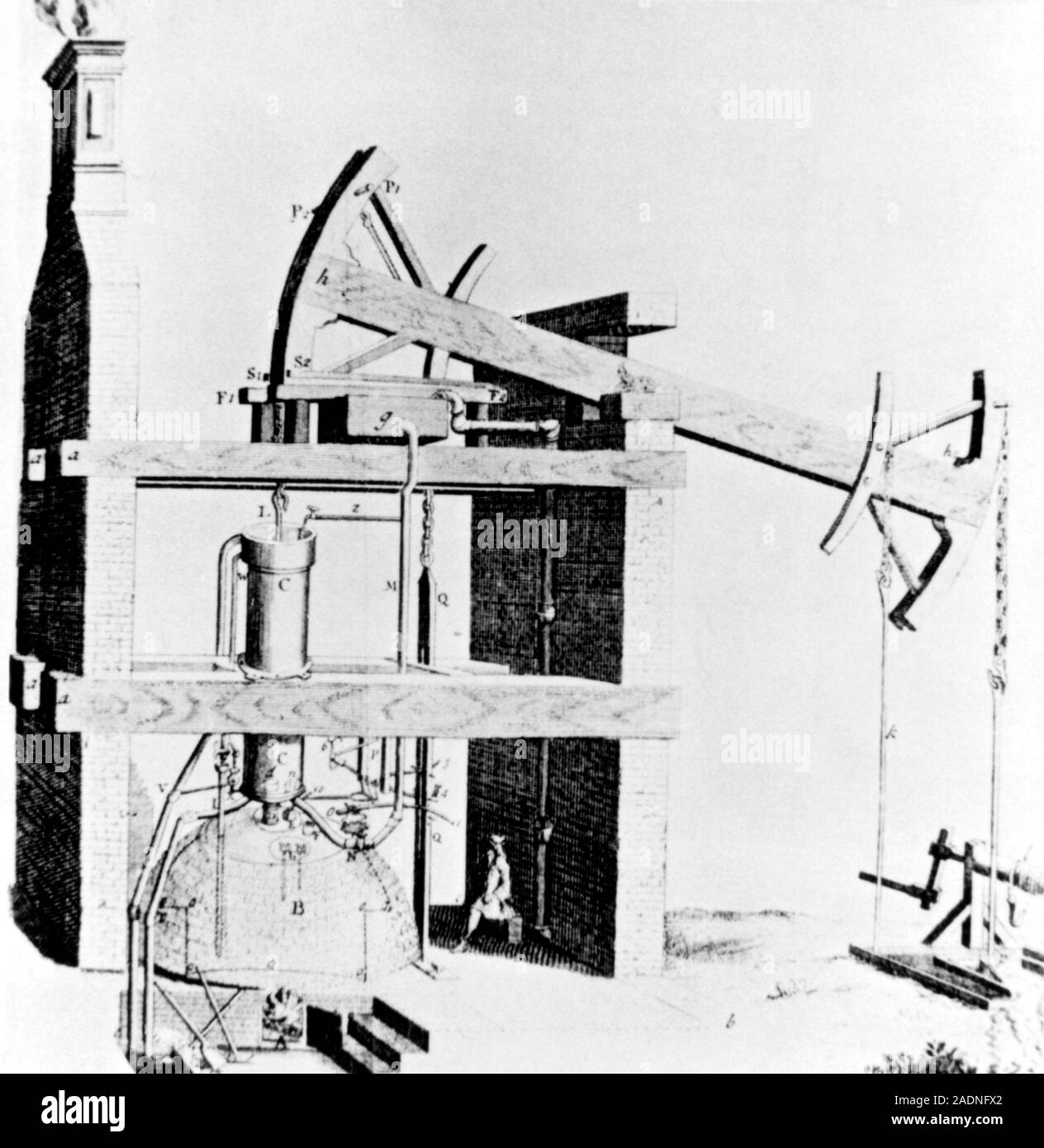 Newcomen's steam engine. Engraving of Newcomen's atmospheric steam ...