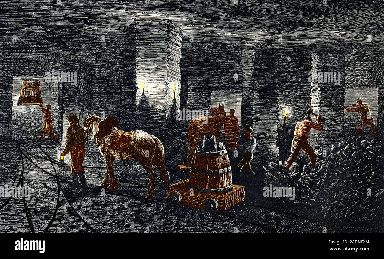 Coal mine. Historical artwork of a working coal mine in Staffordshire ...