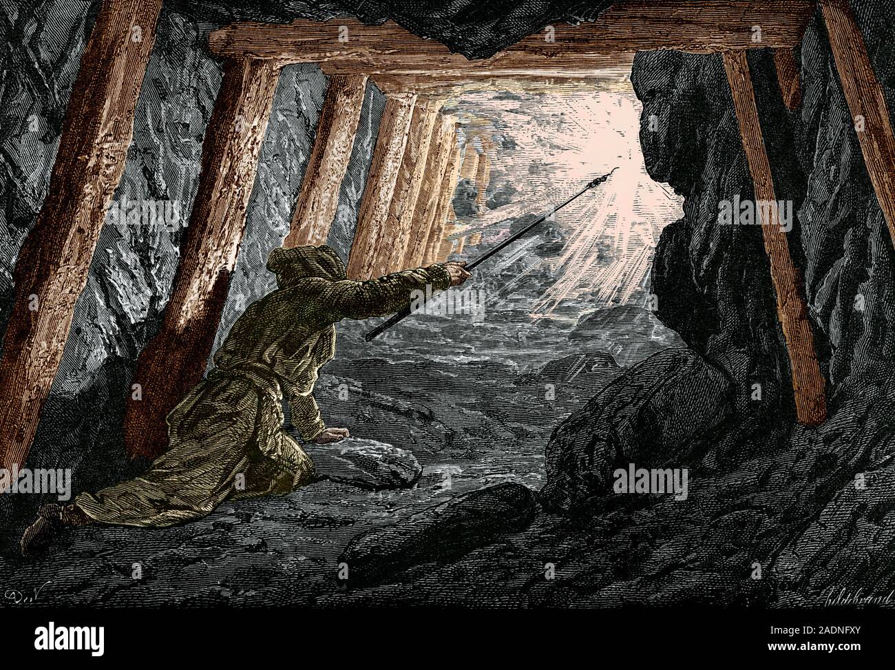19th-century coal mining. Historical artwork of a coal mine worker ...