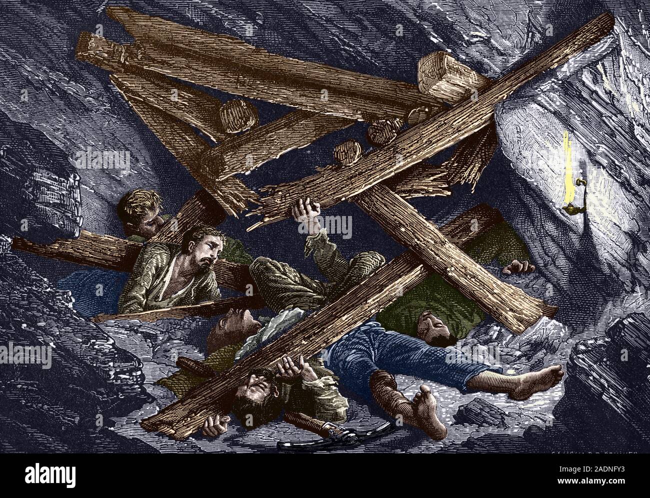 Mining disaster. 19th-century artwork of a tunnel collapse in a mine ...