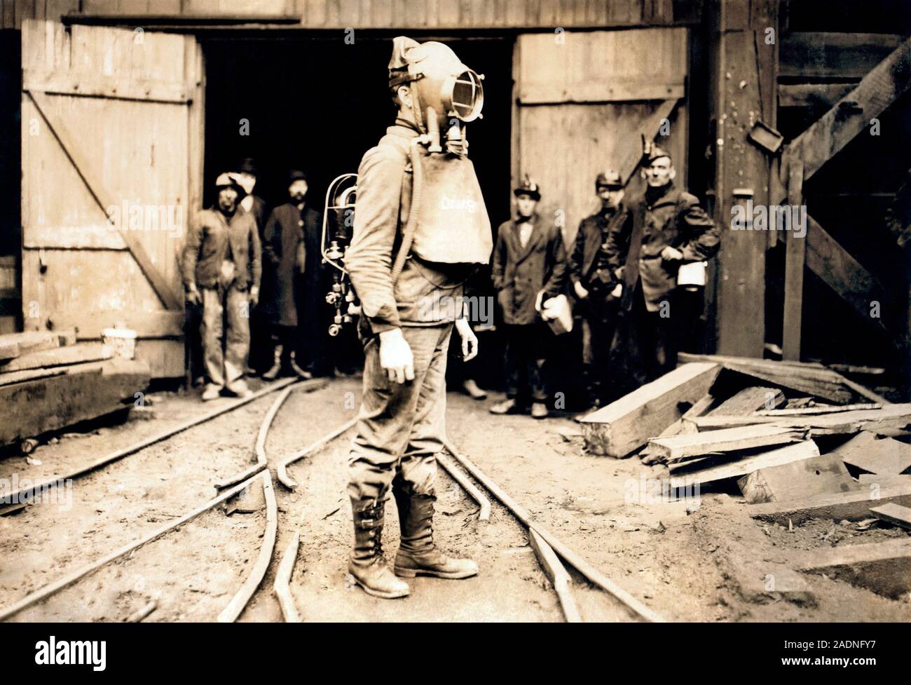 Coal mining breathing apparatus. Mine rescue worker equipped with a ...