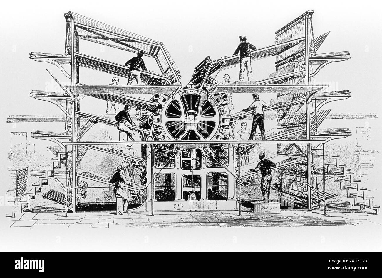 Engraving of a Hoe Rotary Press, designed by R.Hoe (1784-1832). This ...