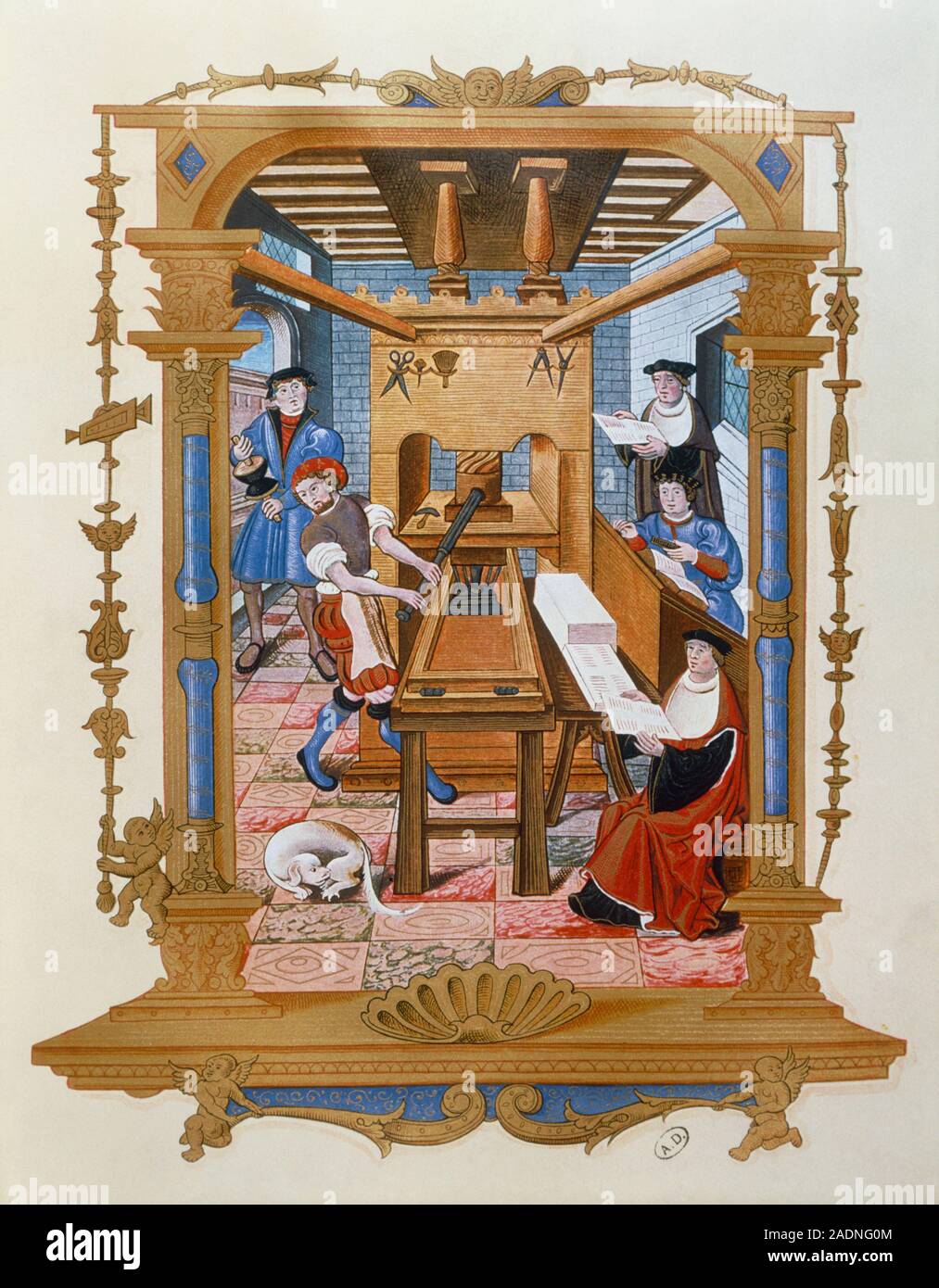 Printing press. Historical artwork of a man operating a 16th century ...