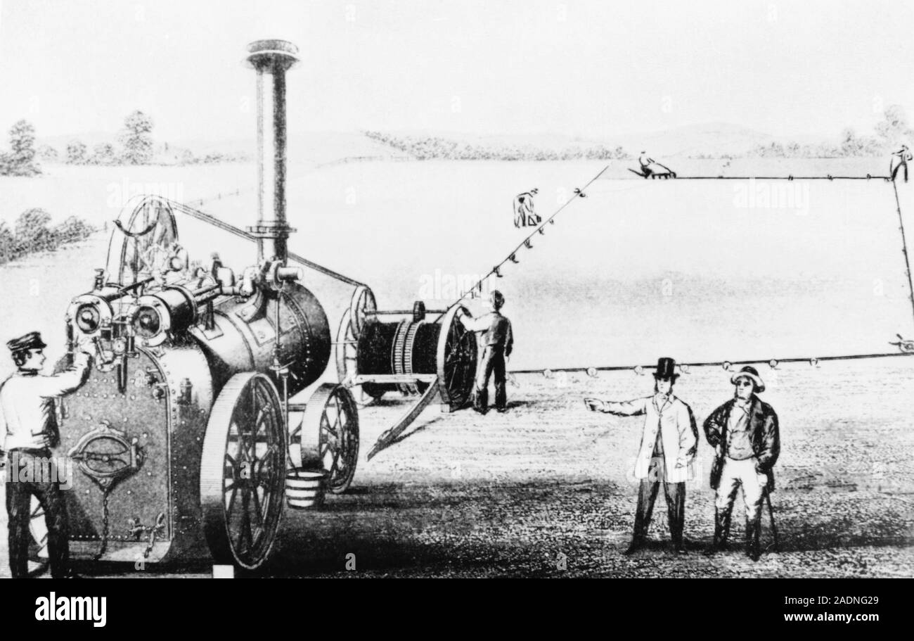 Traction engine. Illustration of a steam traction engine pulling plough ...