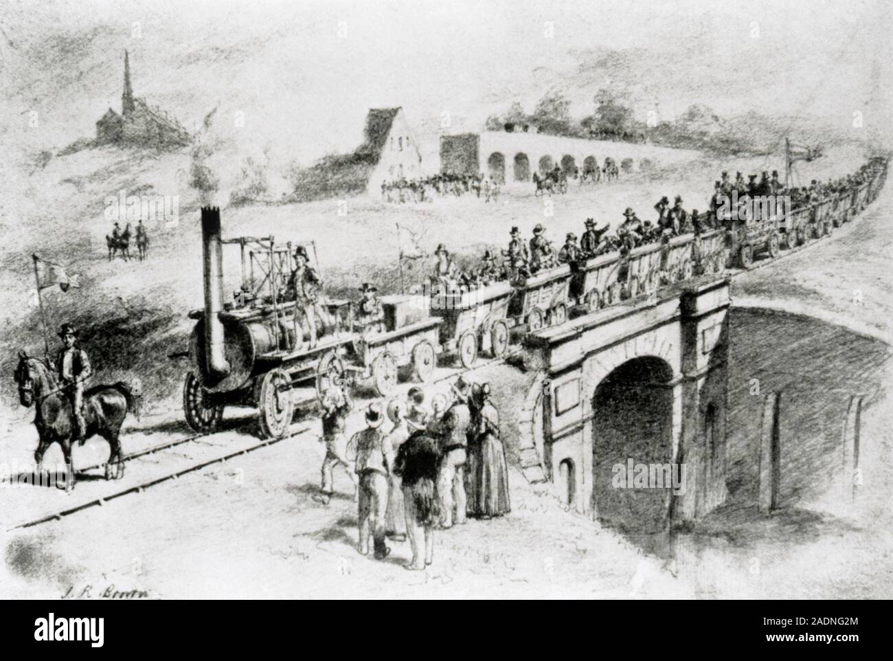 Steam railway. Artwork of the first train to run on the Stockton ...