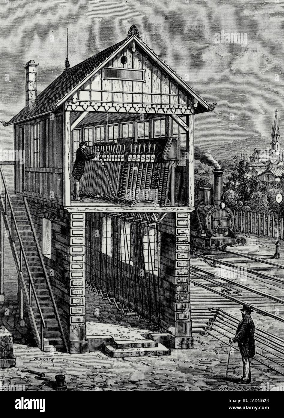 Signal box. Engraving of a section through a railway signal box in the ...